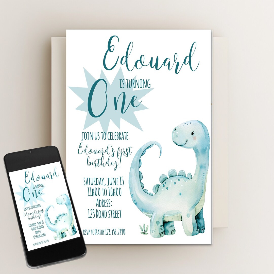 Birthday Invitation Card Template for First Birthday Dinos Dinosaur ...
