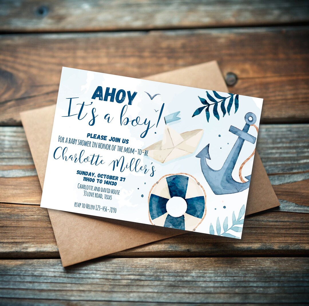 Gender Reveal Card Template Ahoy It's a Boy Baby Shower Invitation ...