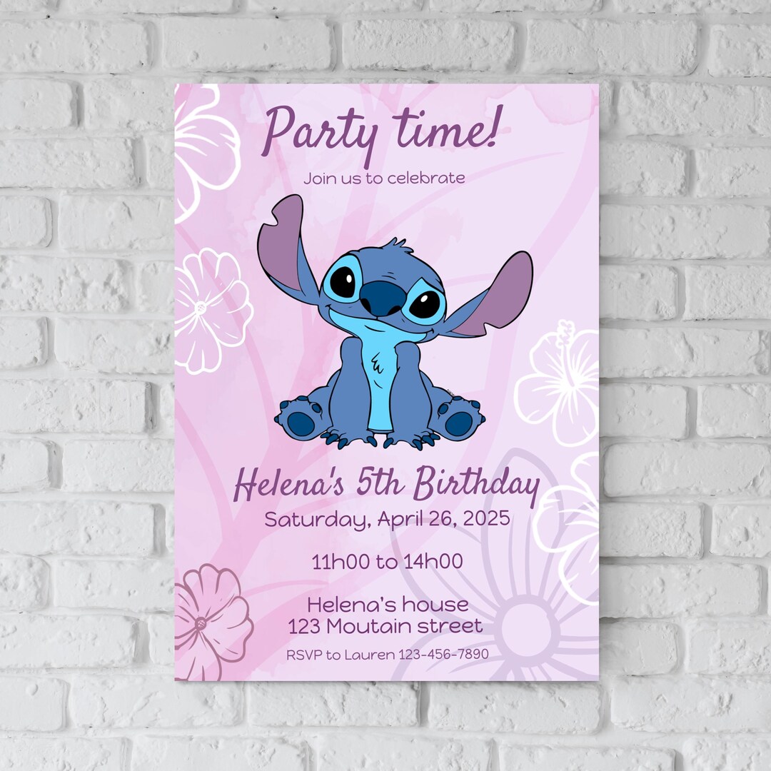 Editable Stitchh Birthday Invitation Template Purple Pink Girl ...