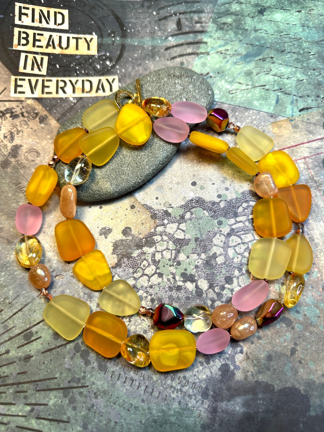 Yellow and Pink Recycled Glass and Citrine Jewelry, Colourful Jewelry ...