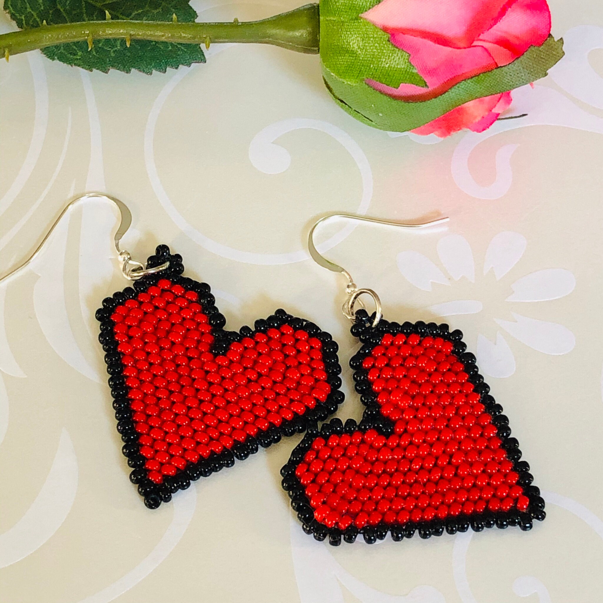 Heart Earrings Seed Bead Valentine Dangle Earrings | Etsy