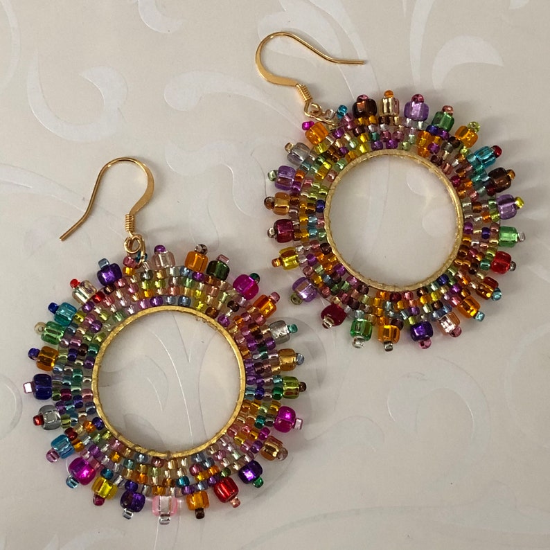 Hoop Earrings Bright Multicolored Jewel Seed Bead Earrings Etsy