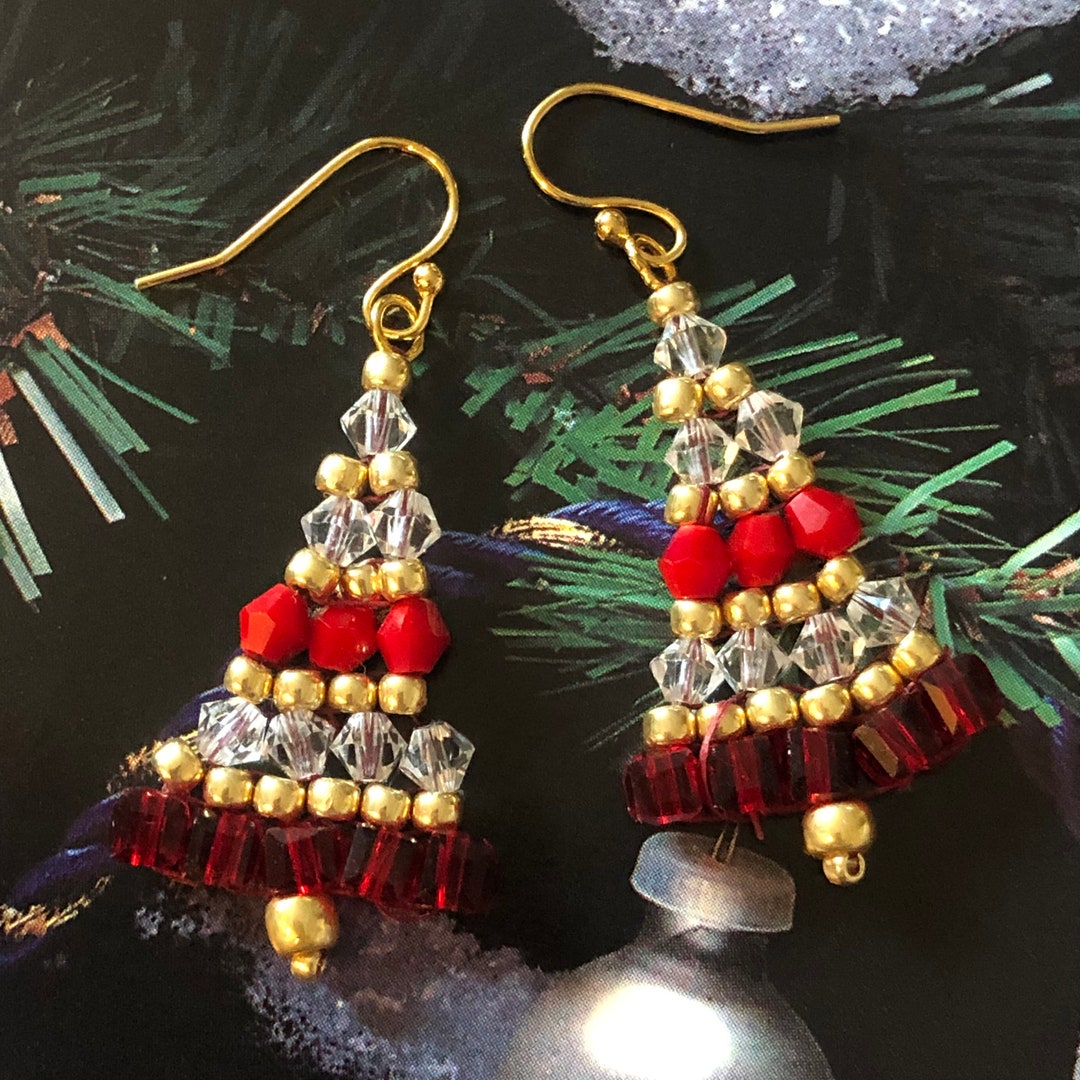 Christmas Earrings Jeweled Christmas Tree Beaded Earrings Festive ...