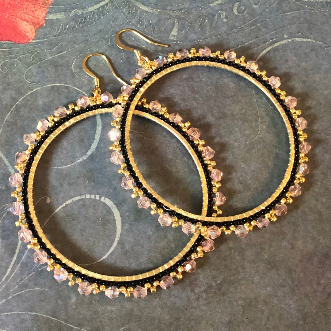 Huge Gold Hoop Dangle Earrings Extra Large Seed Bead Crystal Earrings ...