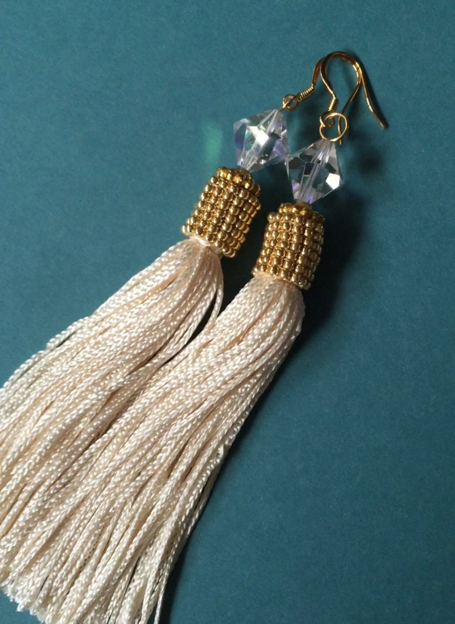 Long Seed Bead Tassel Earrings Beaded Bright Gold And Cream Etsy