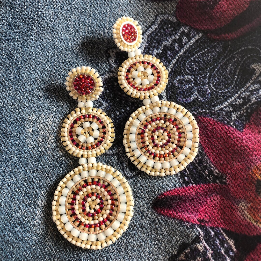 Beadwork Triple Disc Post Earrings Beaded Earrings Large Seed Bead ...