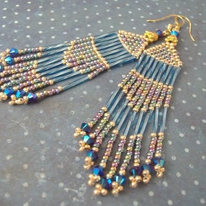Beaded Fringe Earrings Long Blue Multicolored Pastel Metallic Dangle ...