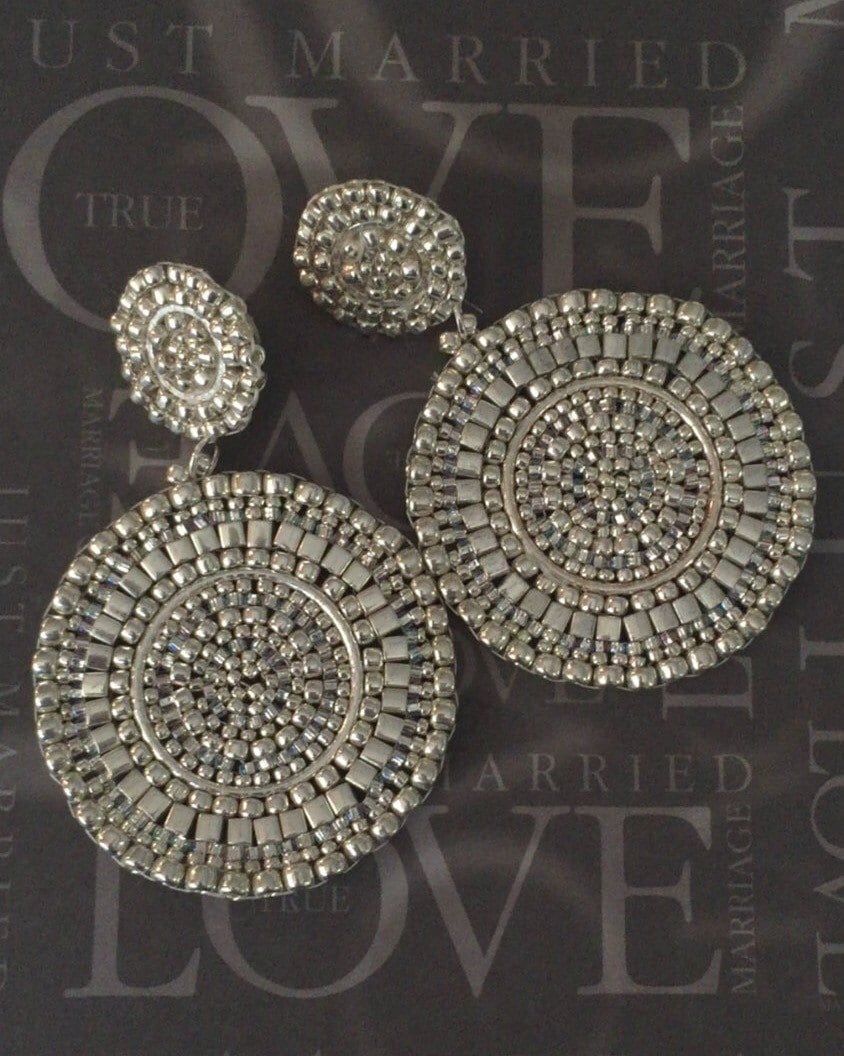 Beaded Post Statement Earrings Silver Satin Seed Bead Earrings | Etsy