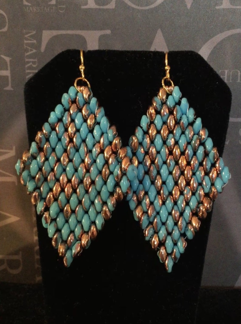 Seed Bead Earrings Blue and Copper Diamond Earrings Beaded - Etsy
