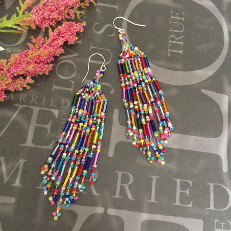 Super Long Handmade Beaded Confetti Fringe Seed Bead Earrings Beadwork ...