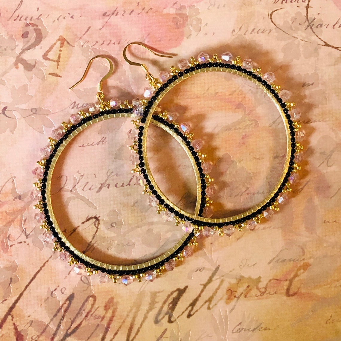 Huge Gold Hoop Dangle Earrings Extra Large Seed Bead Crystal | Etsy