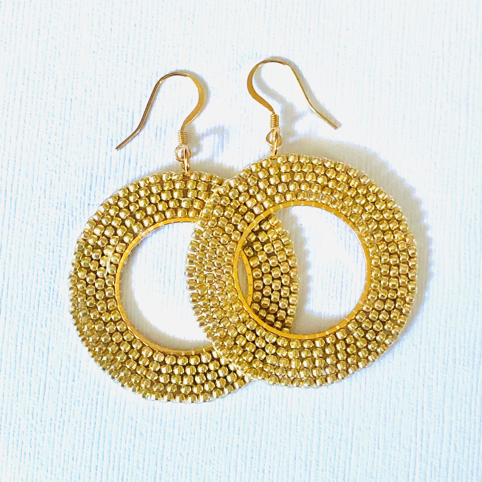 Bright Gold Beadwork Earrings Gold Seed Bead Hoop Earrings - Etsy