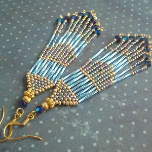 Beaded Fringe Earrings Long Blue Multicolored Pastel Metallic Dangle ...
