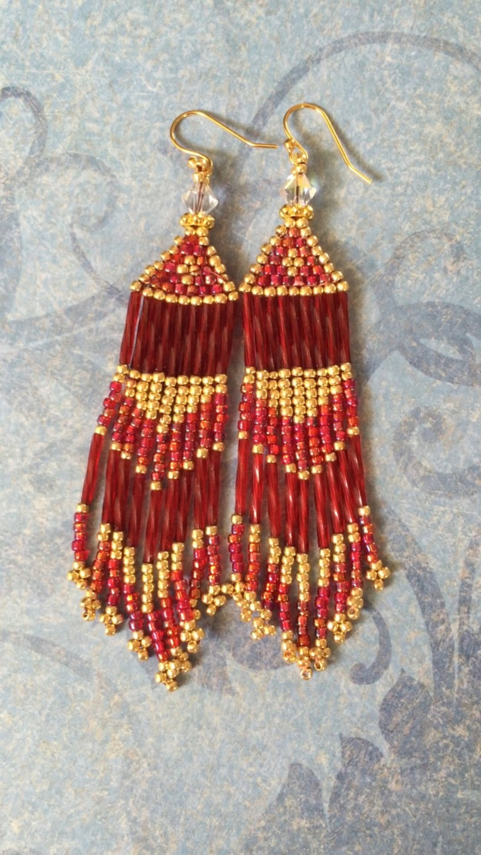 Handmade Bright Red and Gold Beaded Earrings Long Fringe - Etsy