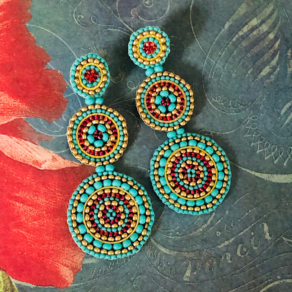 Beaded Turquoise and Ruby Triple Disc Post Earrings Beaded | Etsy