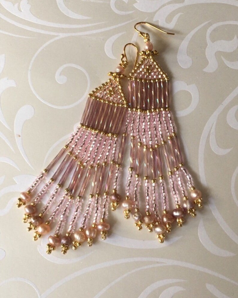 Seed Bead Long Pink and Gold Freshwater Pearl Fringe Earrings - Etsy