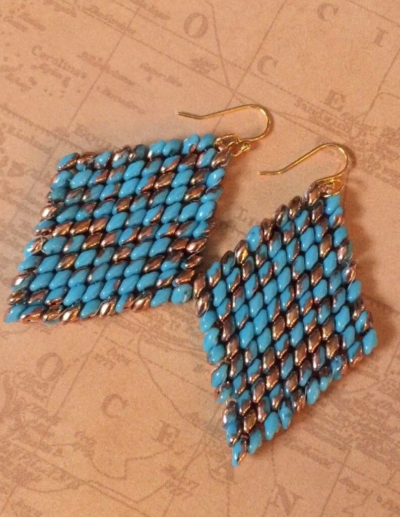 Seed Bead Earrings Blue and Copper Diamond Earrings Beaded - Etsy