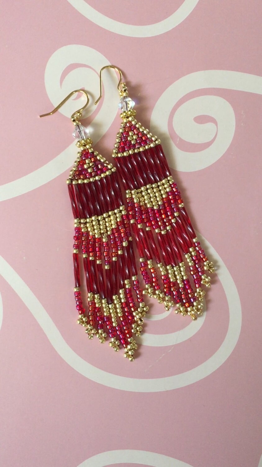 Handmade Bright Red And Gold Beaded Earrings Long Fringe Etsy
