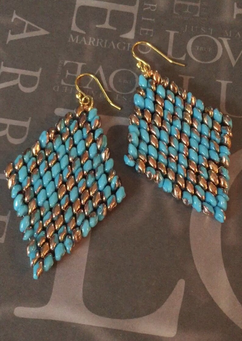 Seed Bead Earrings Blue and Copper Diamond Earrings Beaded - Etsy