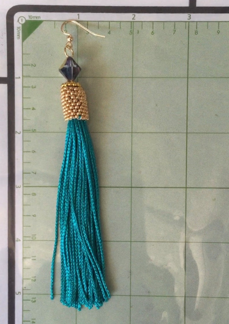 Long Seed Bead Tassel Earrings Beaded Bright Teal And Gold Etsy