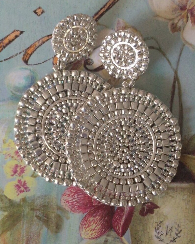 Beaded Post Statement Earrings Silver Satin Seed Bead Earrings | Etsy