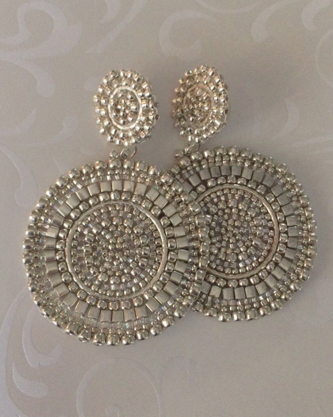 Beaded Post Statement Earrings Silver Satin Seed Bead Earrings | Etsy