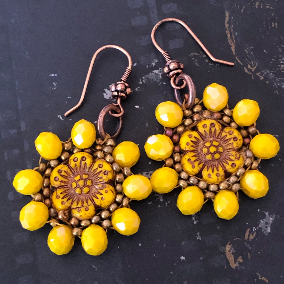 Yellow Sunflower Beaded Dangle Drop Earrings - Beautiful Handmade ...