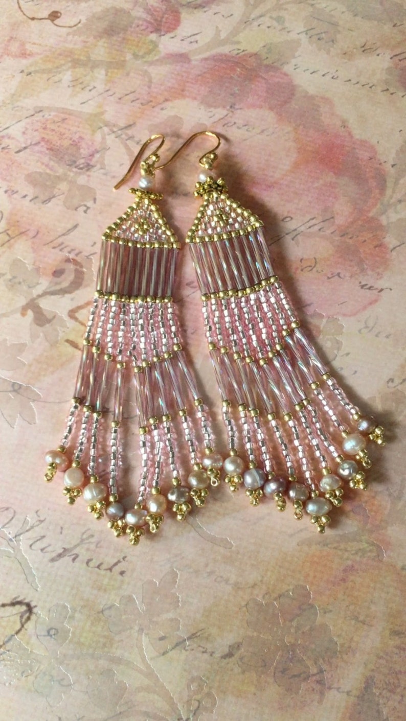 Seed Bead Long Pink and Gold Freshwater Pearl Fringe Earrings - Etsy