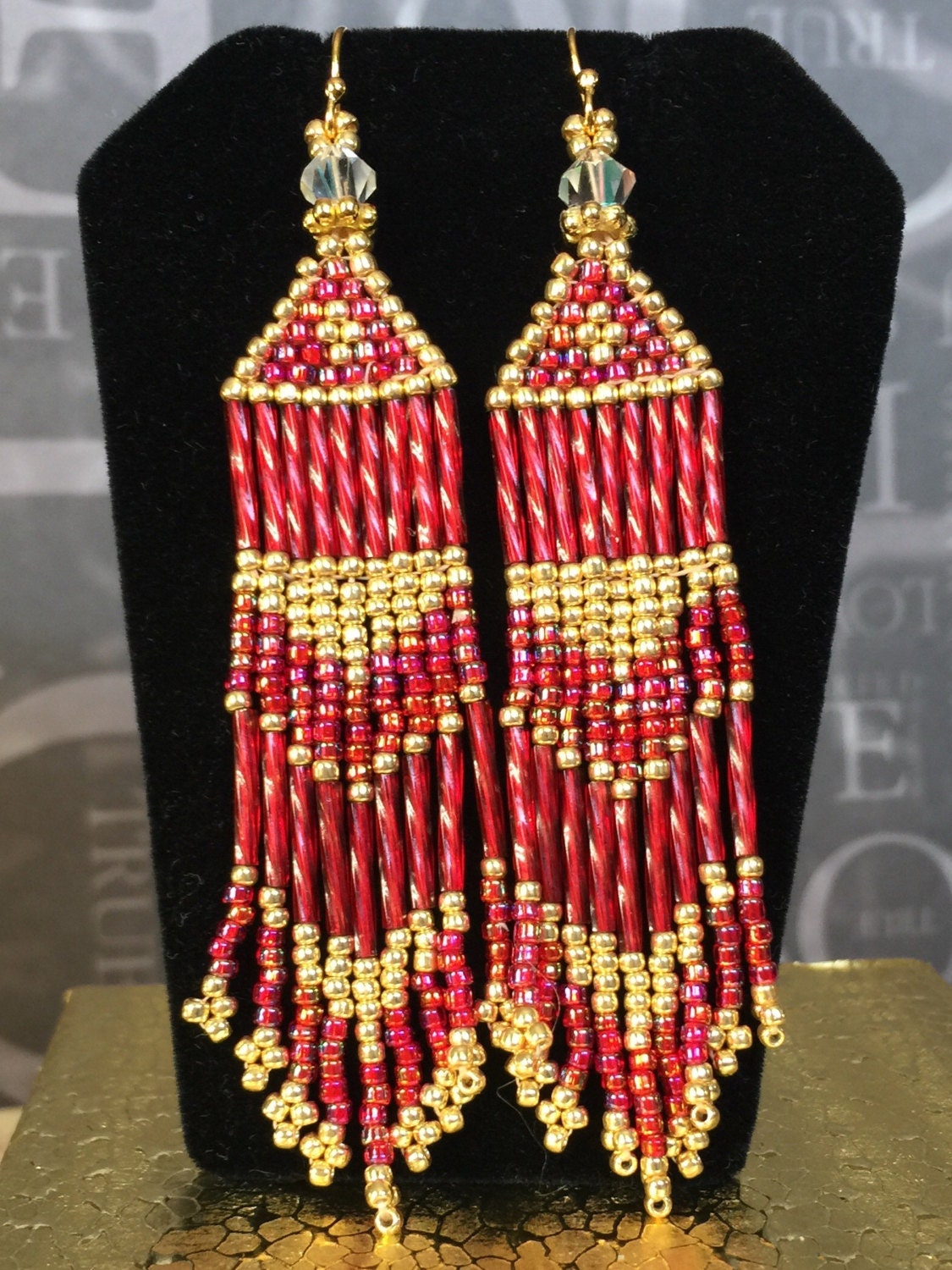 Handmade Bright Red And Gold Beaded Earrings Long Fringe Etsy