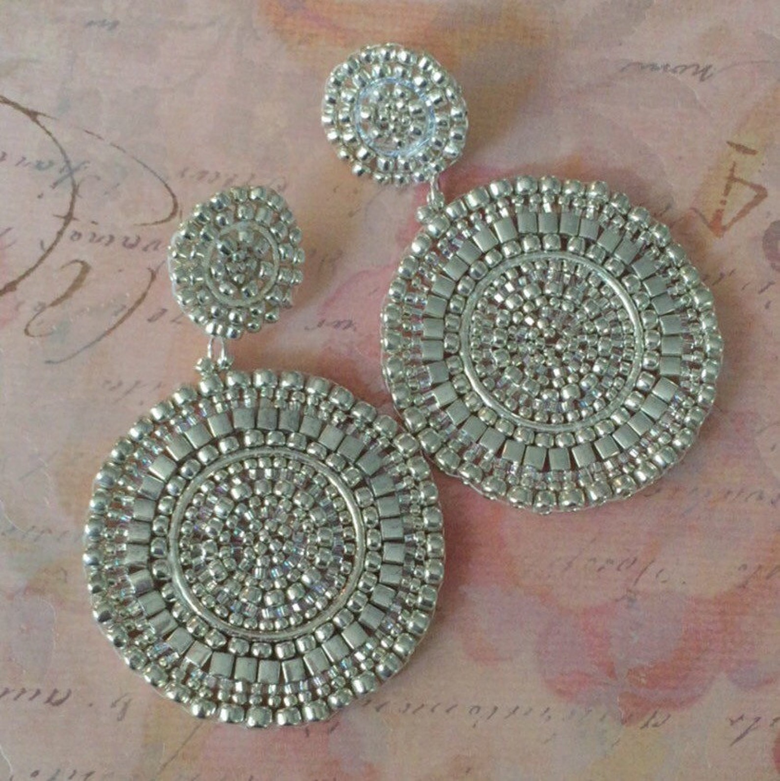 Beaded Post Statement Earrings Silver Satin Seed Bead Earrings | Etsy