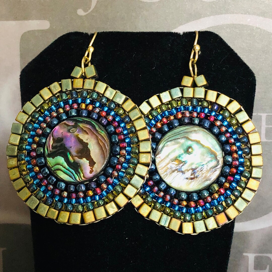 Abalone Shell Seed Bead Dangle Earrings Handmade Beadwork Jewelry - Etsy