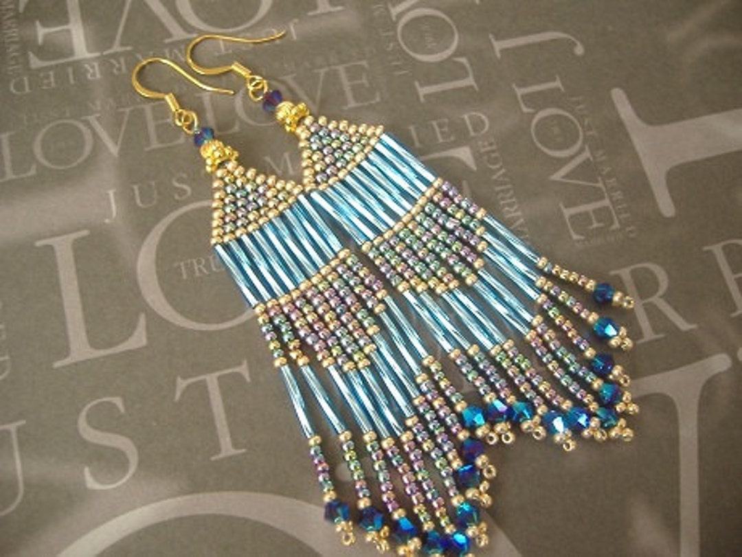 Beaded Fringe Earrings Long Blue Multicolored Pastel Metallic Dangle ...