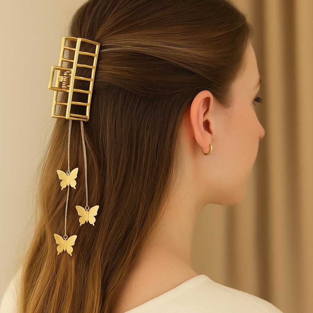 Gold Rectangle Hair Claw Clip: Butterfly Dangles, Y2K Accessory - Etsy