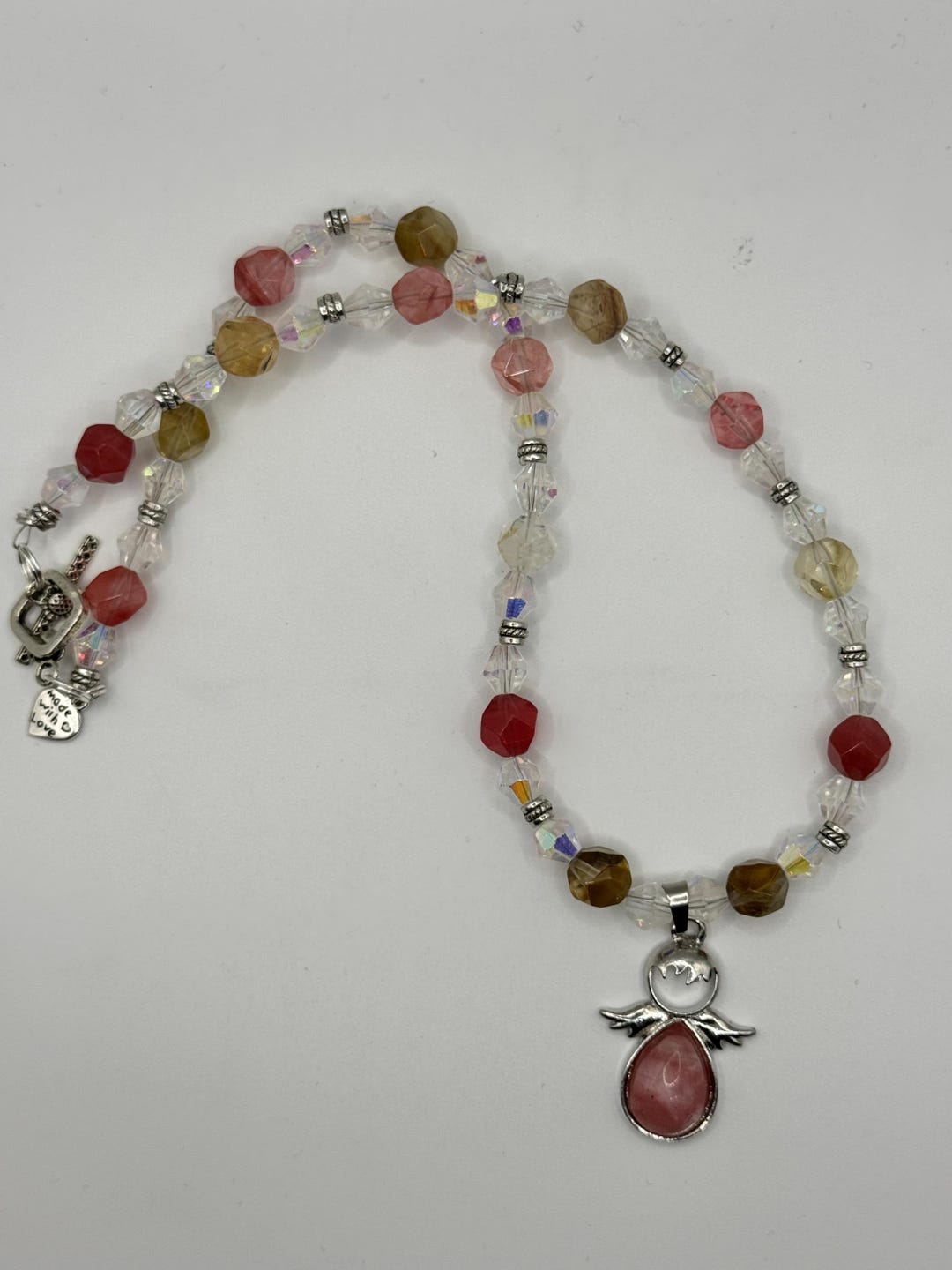 Watermelon Quartz and Crystal With Cherry Quartz Angel Pendant Necklace ...