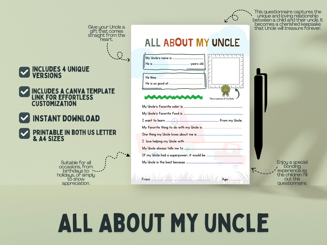 All About My Uncle Printable Questionnaire, Instant Download, Kids ...