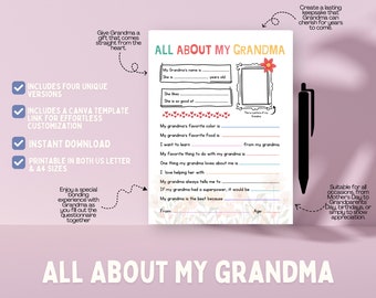 All About Grandma Printable Questionnaire Mother's Day Gift for Grandma ...