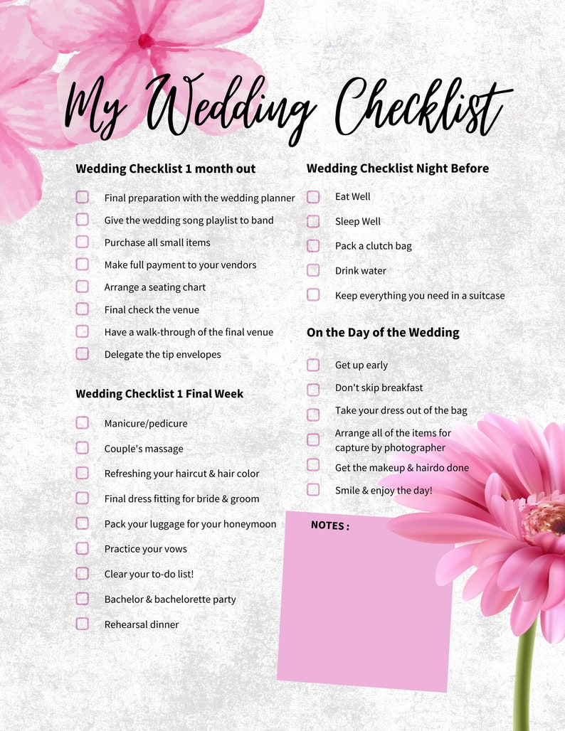 Editable Wedding Day Checklist, Bride Checklist Template Wedding ...