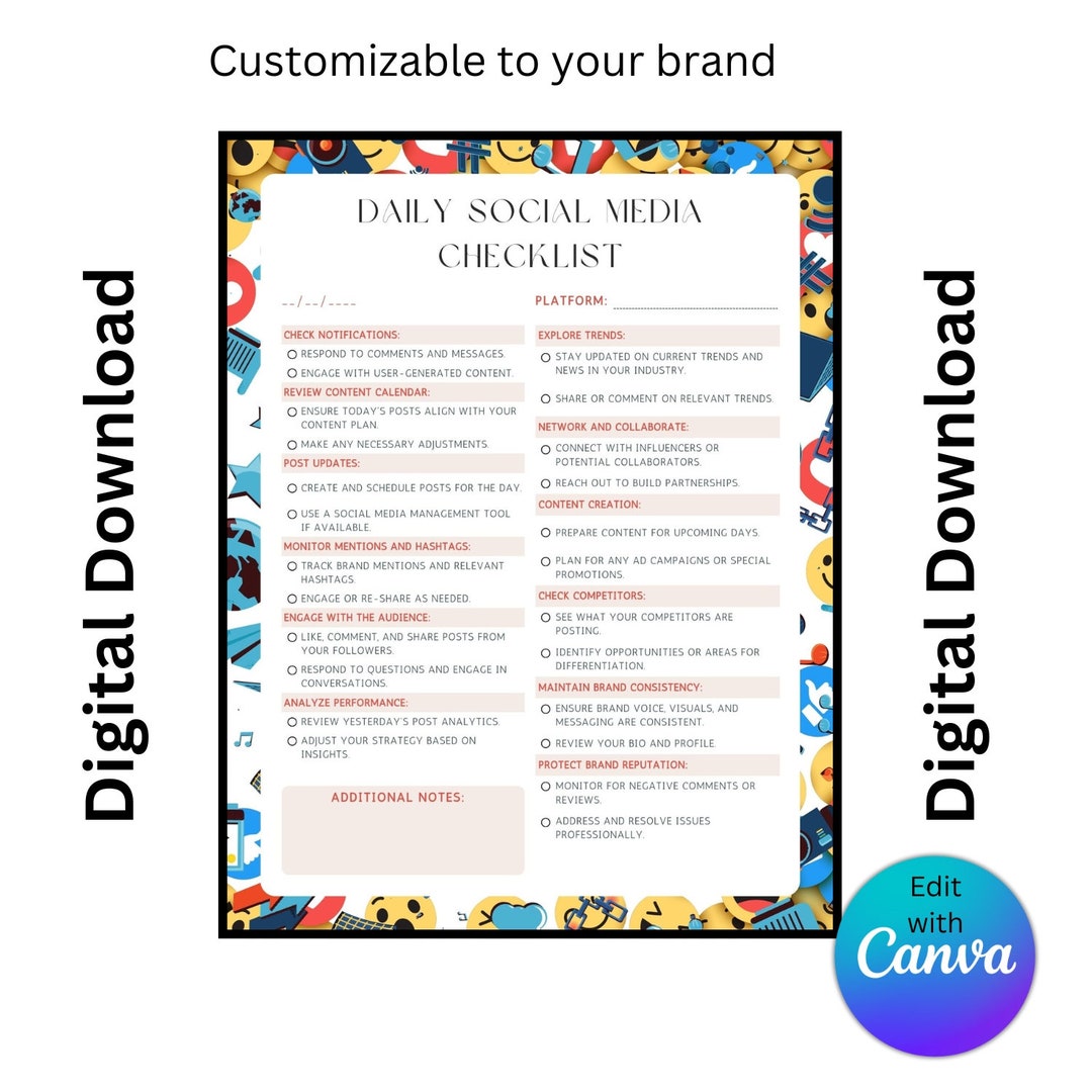 Daily Social Media Checklist Printable, Social Media Editable Template ...