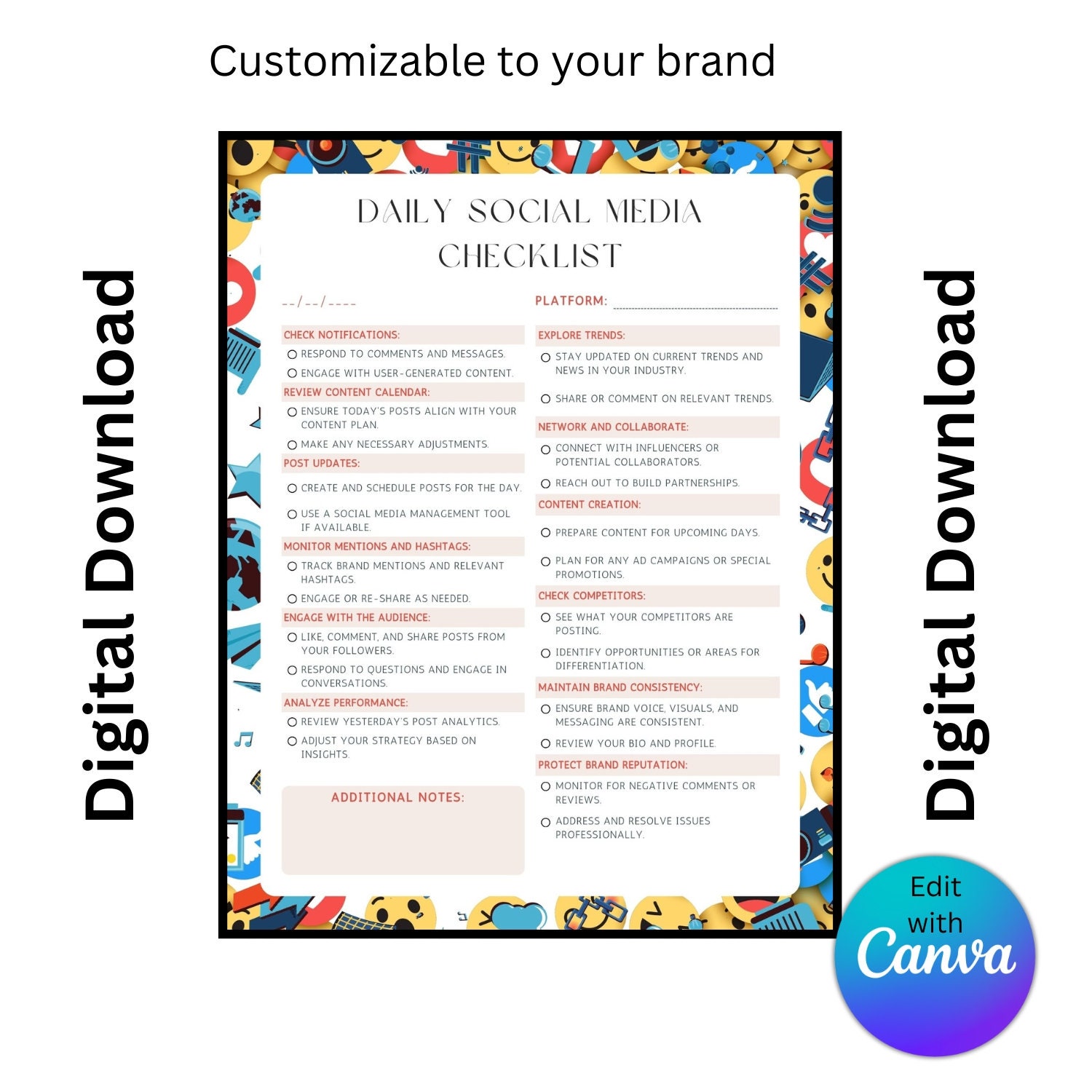 Daily Social Media Checklist Printable, Social Media Editable Template ...