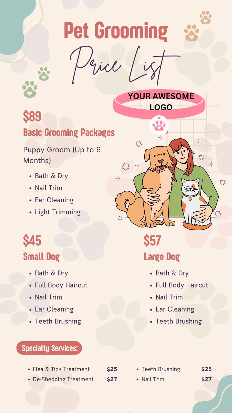 Dog Grooming Price List Template, Editable Canva Design (digital ...