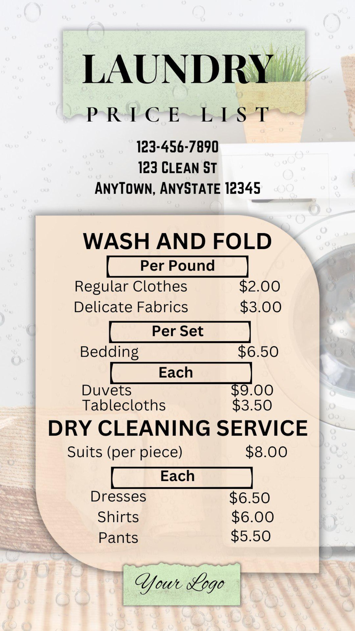 Editable Laundry Service Price List, Canva Laundry Shop Advertising ...