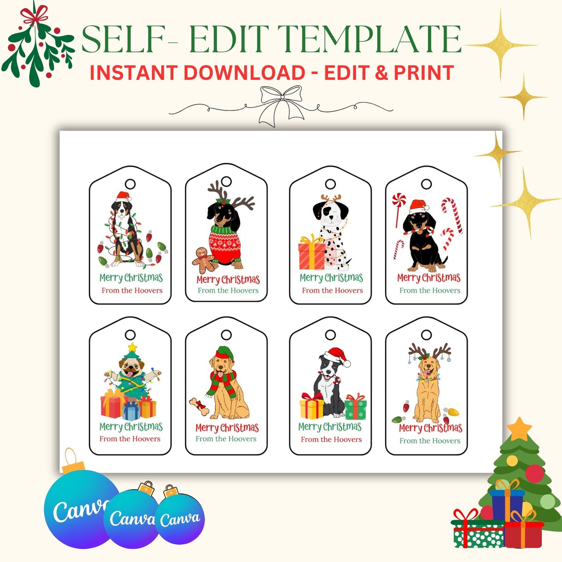 PERSONALIZE Christmas Gift Tag, Cute Cartoon Holiday Dog Gift Tag ...