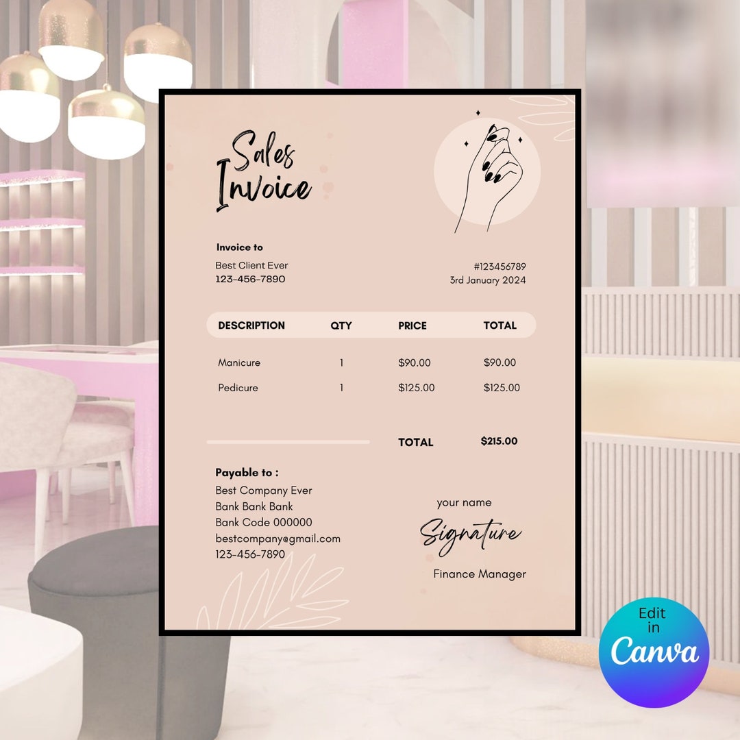 EDITABLE INVOICE TEMPLATE, Nail Salon Template for Small Business ...