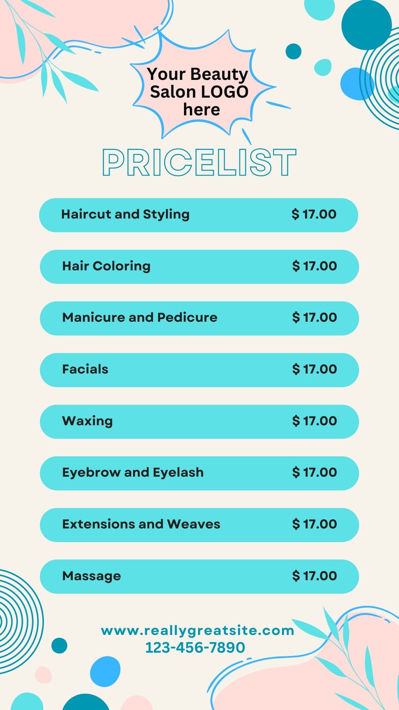 Editable Beauty Salon Price List Template, Canva Design (digital ...