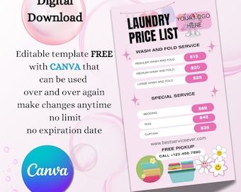 Editable Laundry Service Price List, Canva Laundry Shop Advertising ...