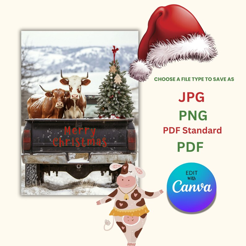 CUTEST Printable Cow Christmas Card Ever, Instant Digital Download, OR ...