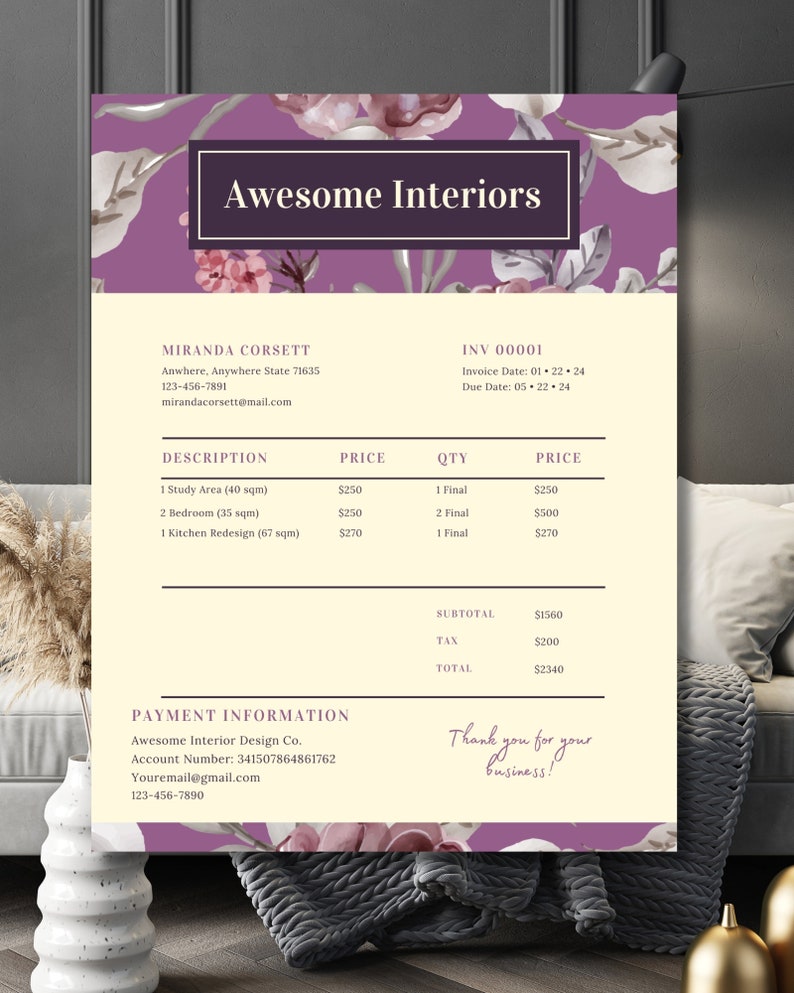 EDITABLE INVOICE TEMPLATE, Business Invoice for Interior Designers - Etsy