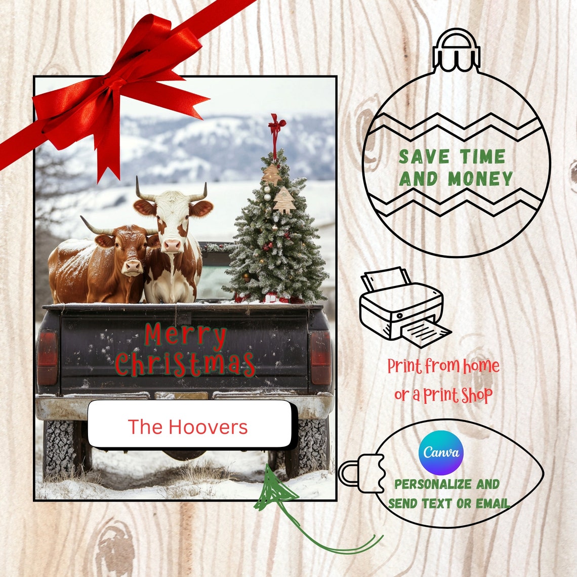 CUTEST Printable Cow Christmas Card Ever, Instant Digital Download, OR ...