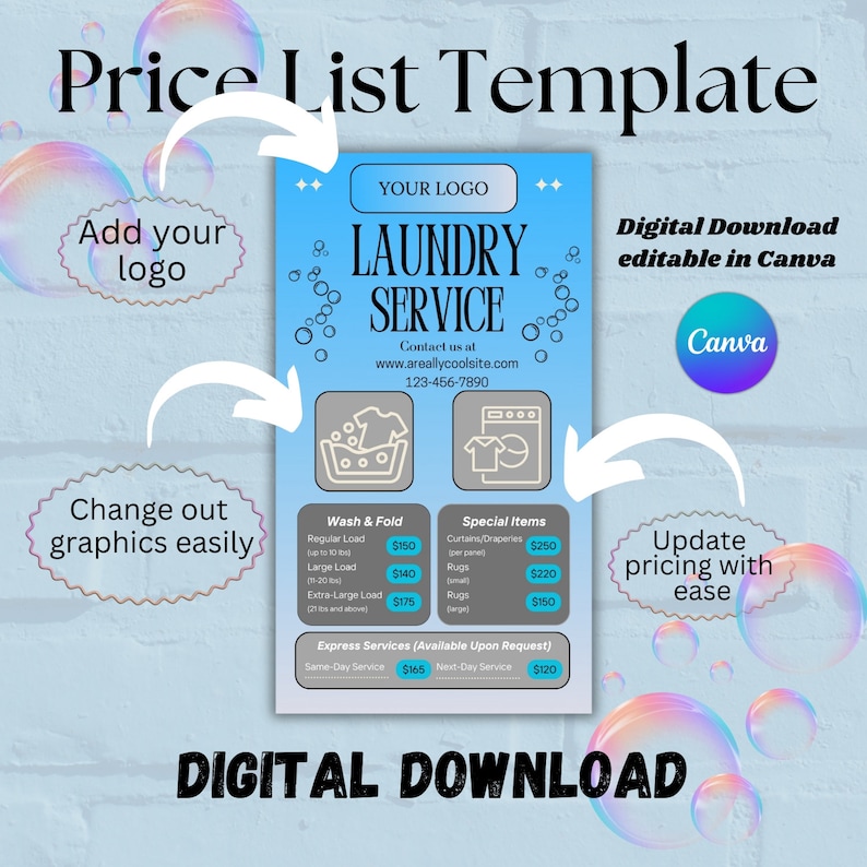 Laundry Price List Template, Editable Canva Pricing Sheet (instant ...