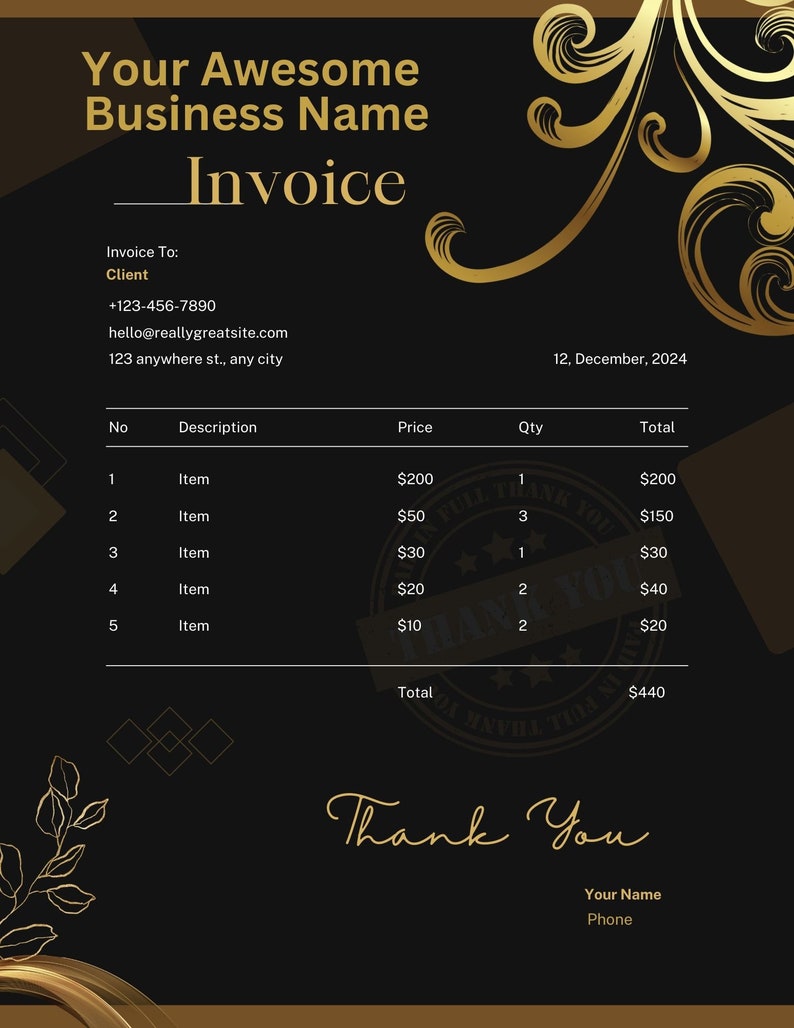 Black and Gold Business Invoice Template, Elegant Design (canva ...